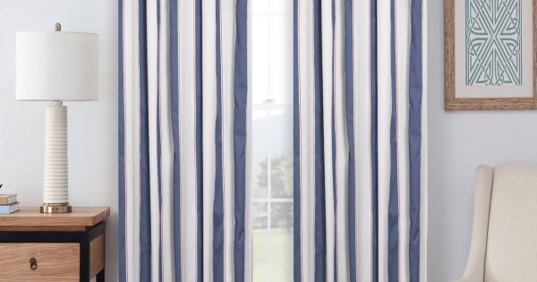 Έτοιμη ραμμένη κουρτίνα με κρίκους (200x280) - Ζακάρ λευκό-μπλε ραφ ...